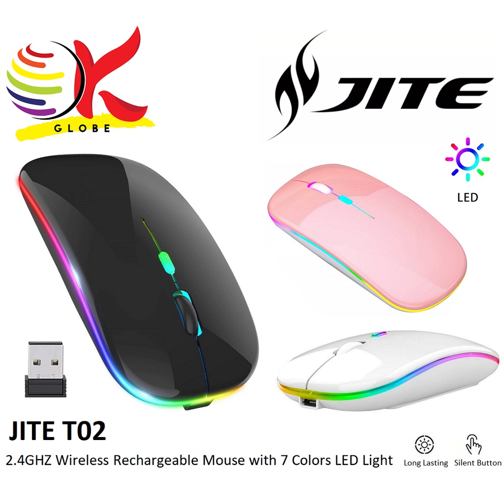 JITE T02 2.4Ghz WIRELESS RECHARGEABLE RGB MOUSE USB SILENT OPTICAL MICE ...