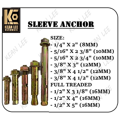 1/4" 5/16" 3/8" 1/2" 8MM 10MM 12MM 16MM PJ SLEEVE ANCHOR/ PJ ANCHOR ...