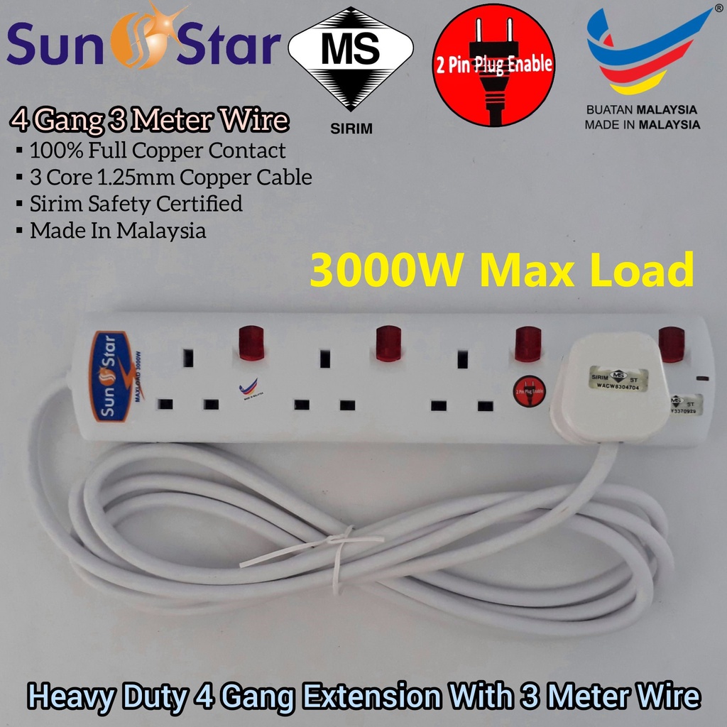 Sunstar Heavy Duty 4 Gang Extension With 3 Meter Wire Trailing Socket ...
