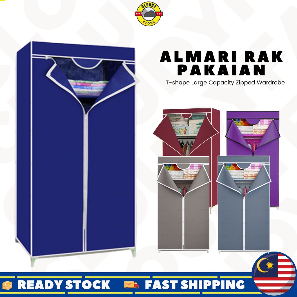 Rak Pakaian Zip Almari Baju Kain Besar T-shape Large Capacity Zipped ...