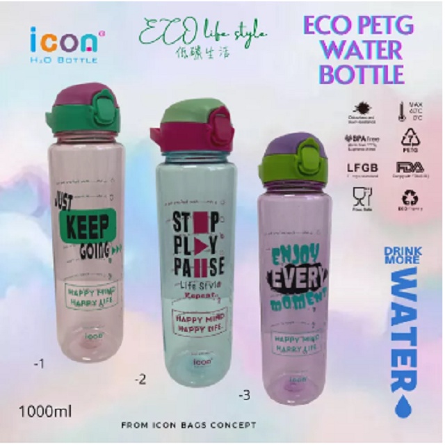ICON Water Bottle BPA Free Push-Button Flip Top Lid easy to drink Time Marker & Motivational ...