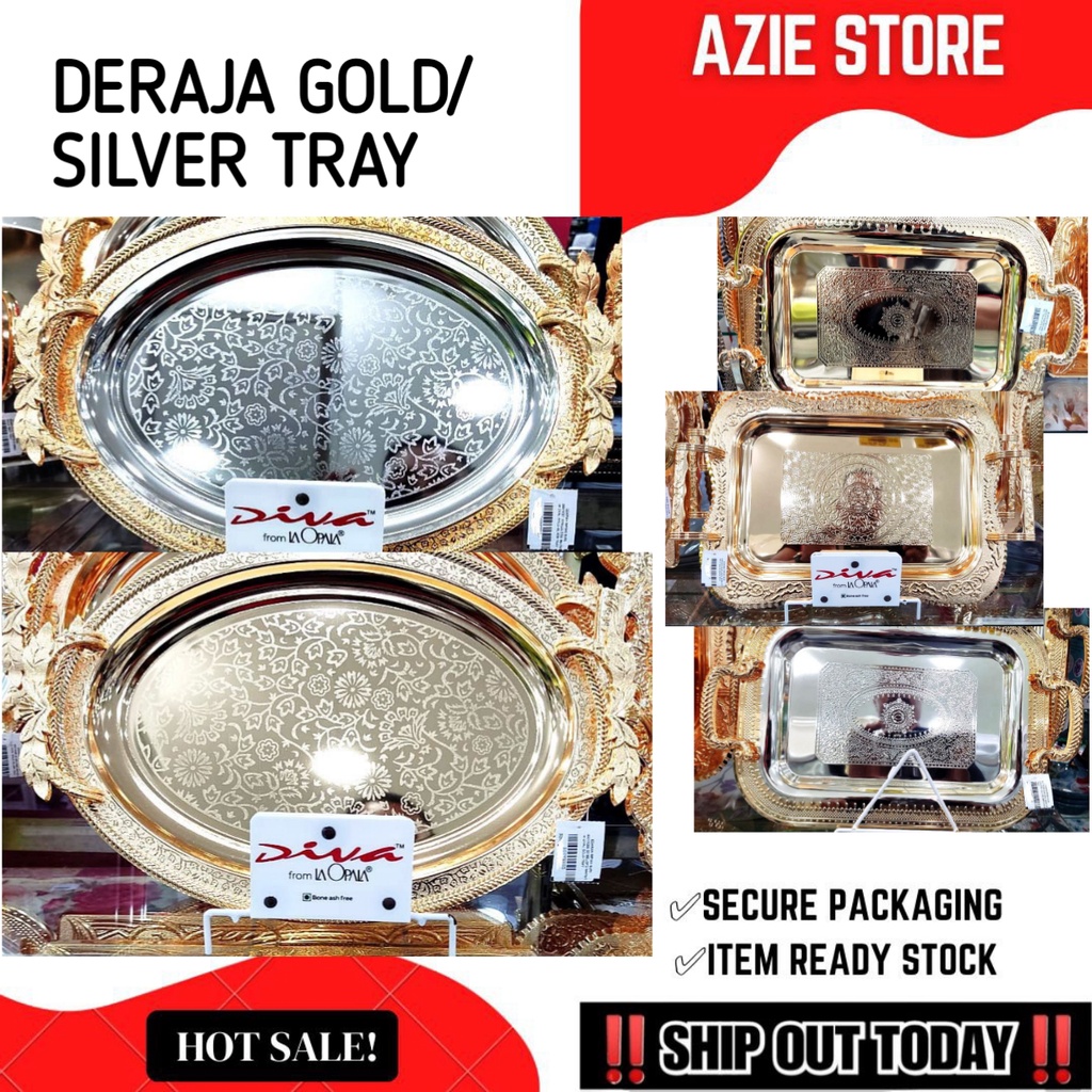 NEW! DERAJA SERVING TRAY GOLD/SILVER PLATED RECTANGLE / SET DULANG EMAS ...