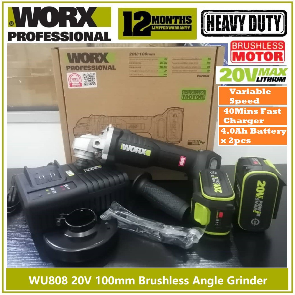 Worx Wu808 20v 4 0ah Li Ion Cordless Brushless Motor 100mm Variable