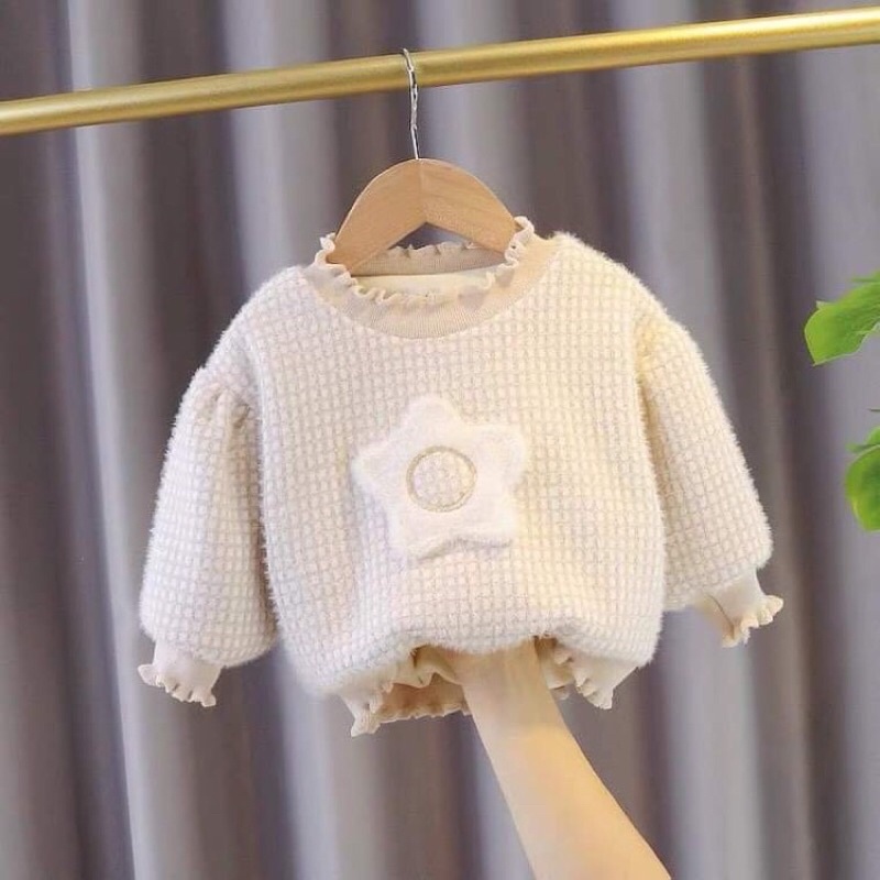 Ruffled-neck felt sweater with floating flower pattern for girls from 9 ...
