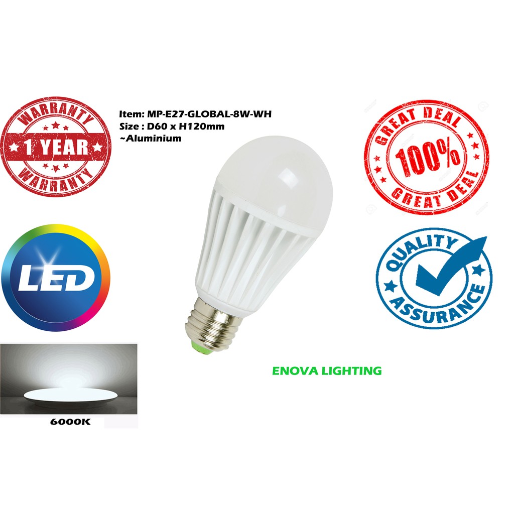 SUPER BRIGHT 8 WATT LED BULB (MP-E27-GLOBAL-8W-WH) | Shopee Malaysia