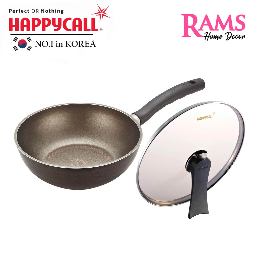 Happycall 24cm Induction Non Stick Gold Chef Wok with Glass Lid / Kuali ...