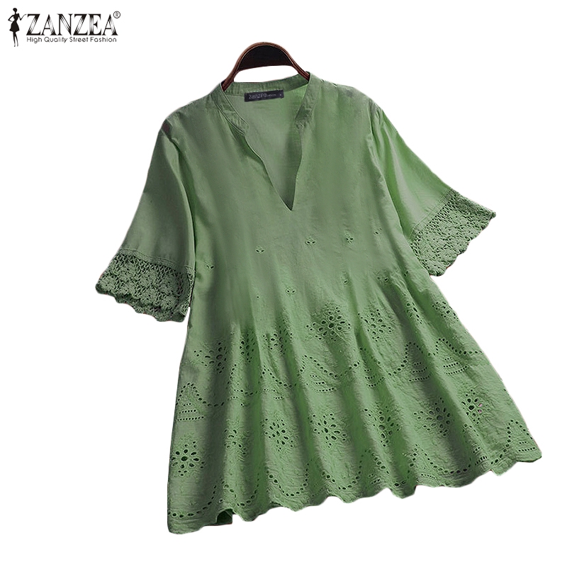 Zanzea Women V Neck Short Sleeve Lace Floral Embroidery Blouse Shopee