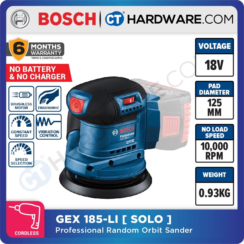 BOSCH GEX 185-LI PROFESSIONAL BRUSHLESS RANDOM ORBIT SANDER 18V | 125MM WITHOUT BATTERY ...