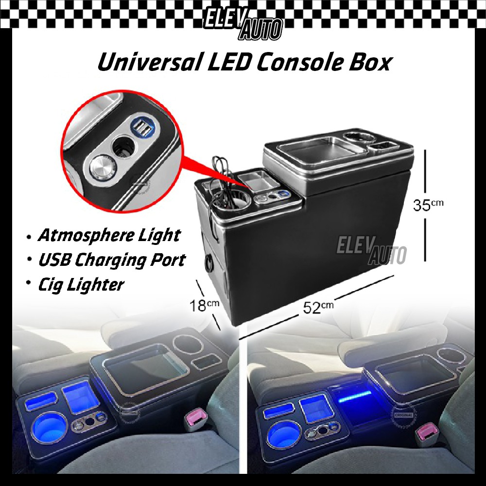 LED Universal Center Console Storage Box With USB Port Cig Lighter For ...