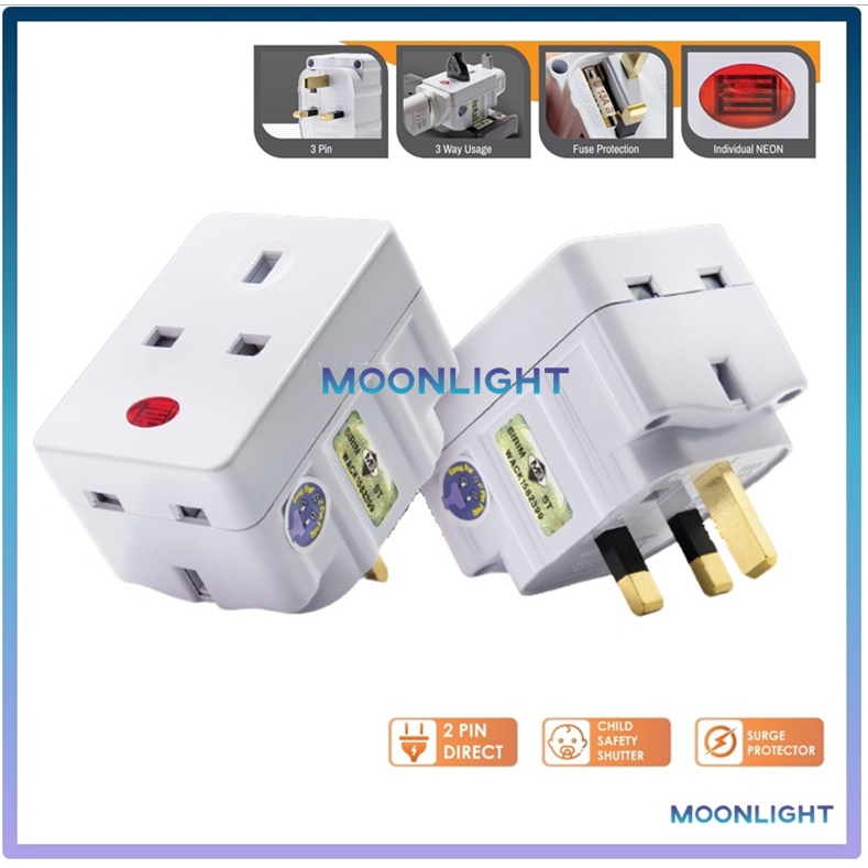 Sirim 3 Way Multi Adaptor Full Copper With Surge Protection And Neon Light 13a Adapter 3 Pin