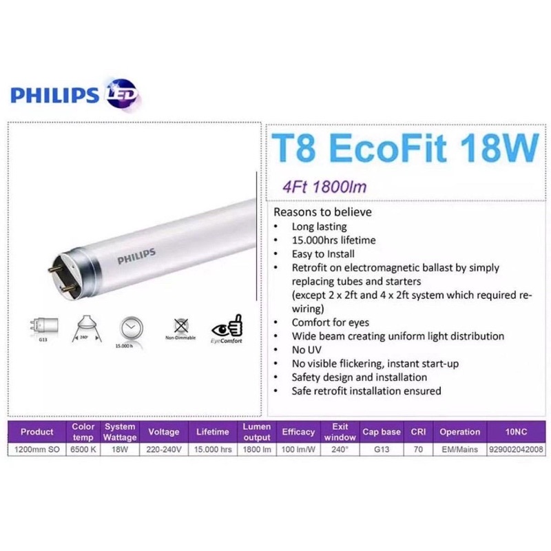 PHILIPS ECOFIT T8 FLUORESCENT LED TUBE 18W / 20W 4FT (6500K) / Lampu Kalimantang 18W PHILIPS LED ...
