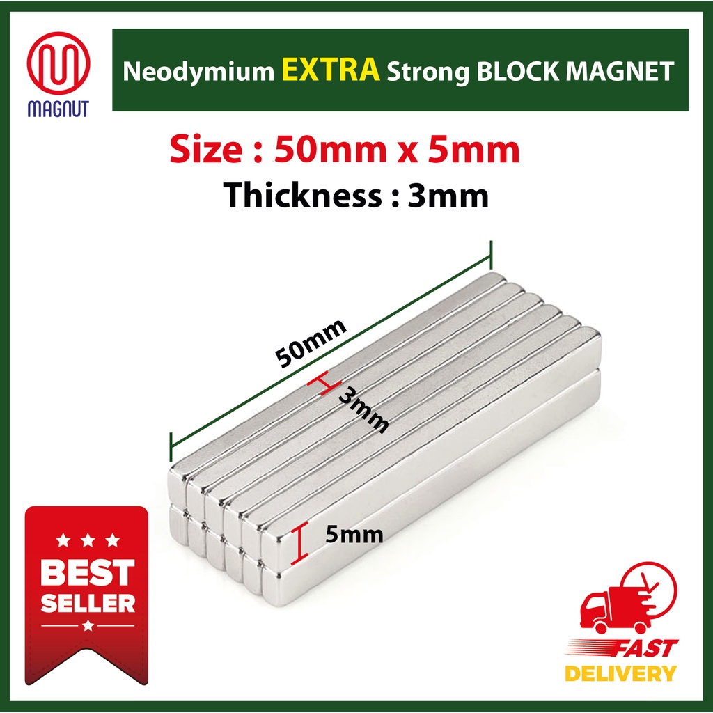 1pcs- 50mm x 5mm x 3mm- Super Strong Block Magnets - Rare Earth ...