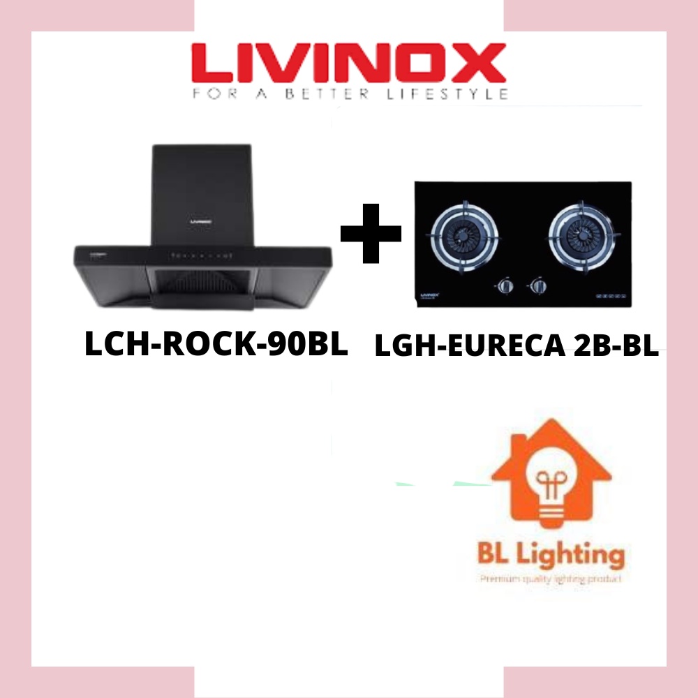 Livinox LCH-ROCK-90BL Kitchen Hood Cooker Hood + Gas Cooker Hob Package ...