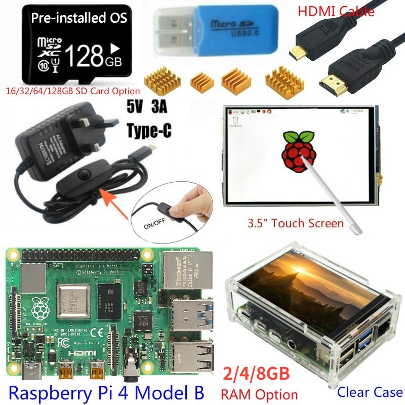 Raspberry Pi 4 Model B with 3.5"Touch Screen +Acrylic Case +Power ...