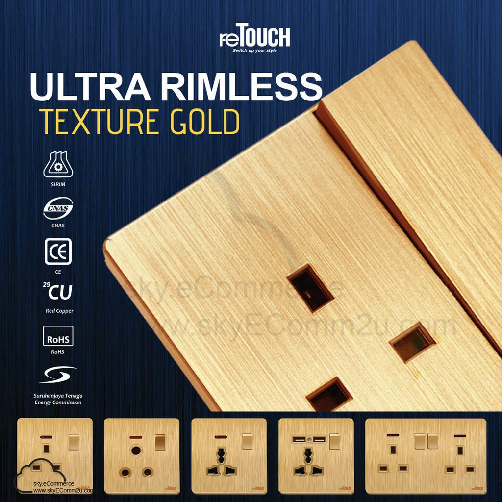 reTouch Gold Ultra Rimless Switch 13A 15A Big Rocker Universal USB ...