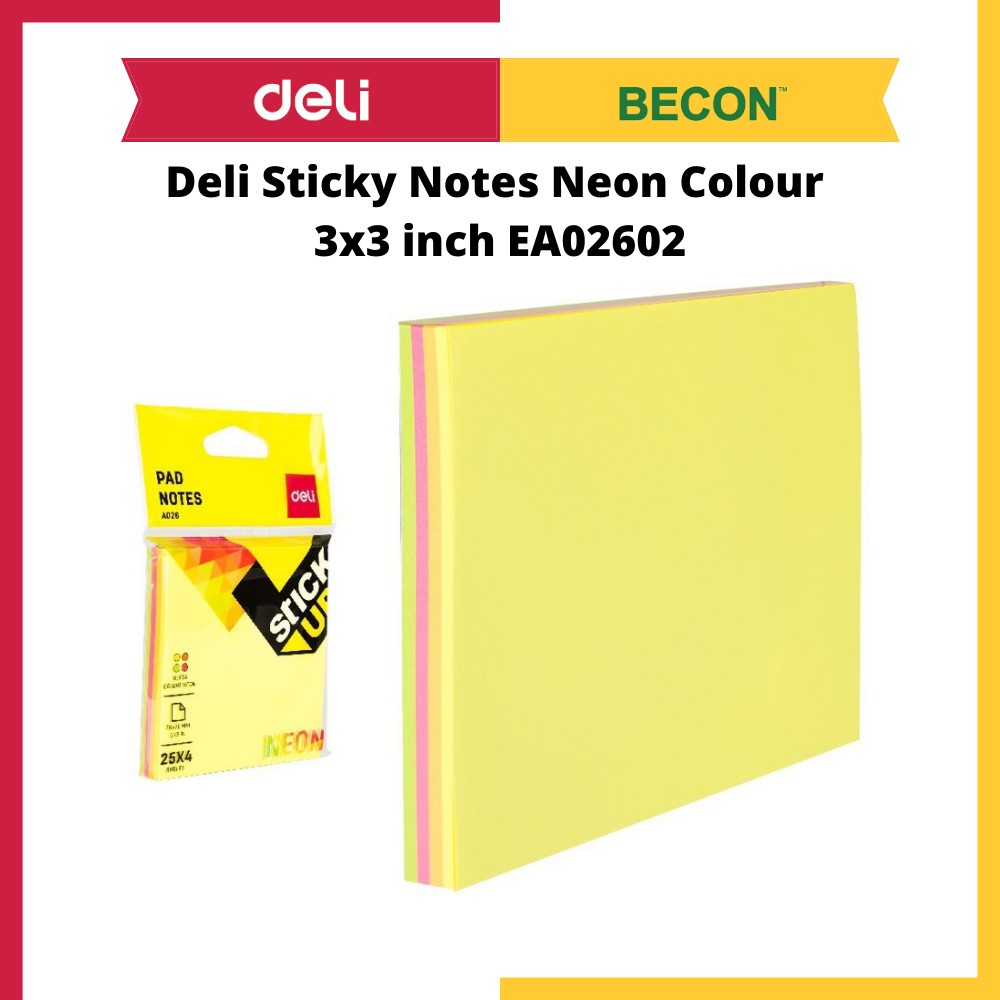Deli Sticky Notes Neon Colour 3x3 inch EA02602 4pad ( 25sheets ...