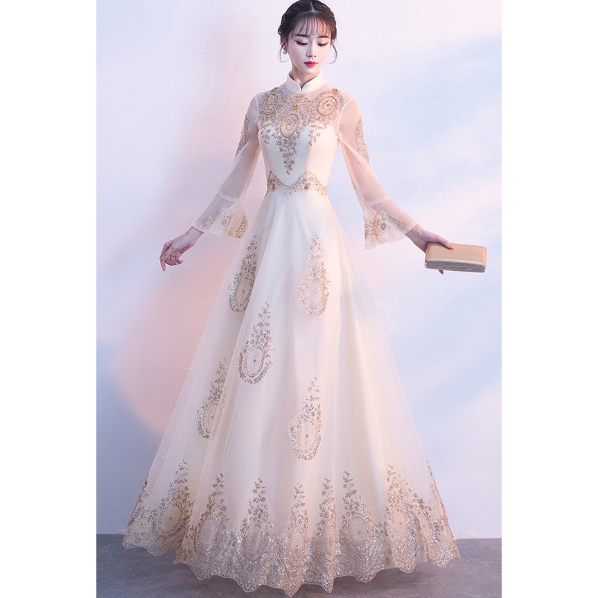 pre order cream long sleeve cheongsam wedding evening prom dress gown ...