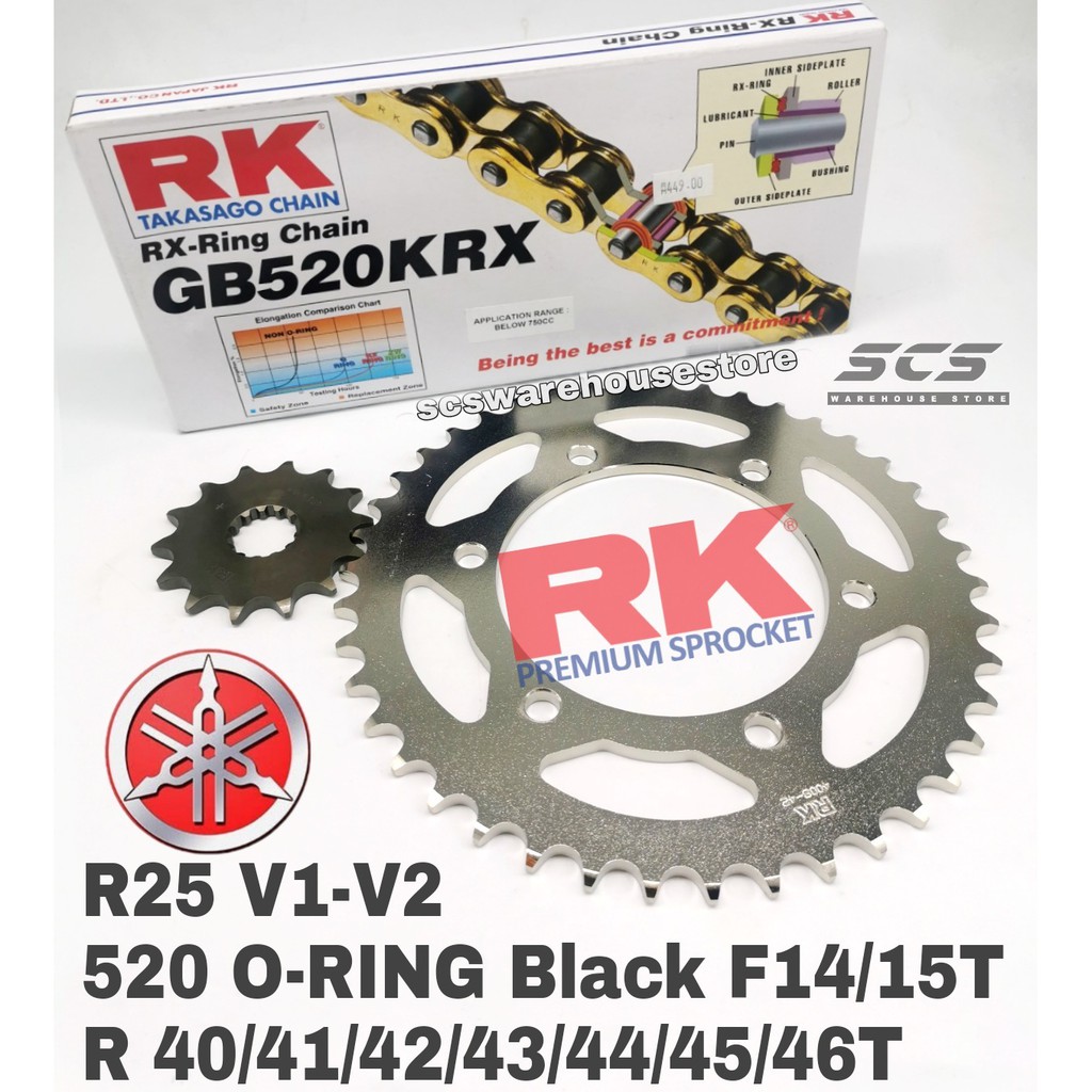 RK Sprocket Set YAMAHA R25 520 RK KRX X-Ring Rivet Black / Gold Chain ...