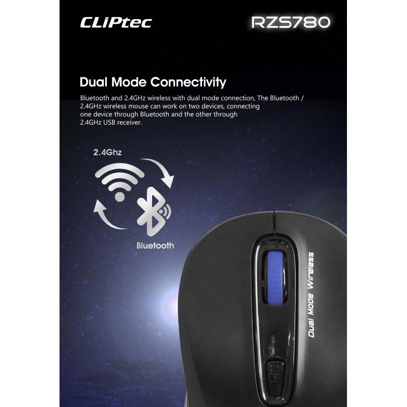 CLiPtec DUAL-TRAX 2400dpi Dual Mode Bluetooth Wireless Optical Mouse ...
