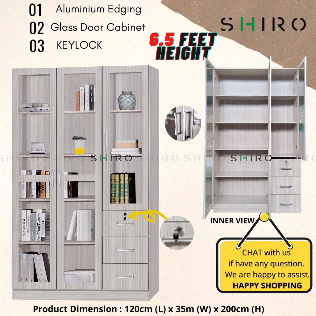 SHIRO Rak Buku Display Cabinet Glass Door 3 Door 3 Drawer Keylock ...