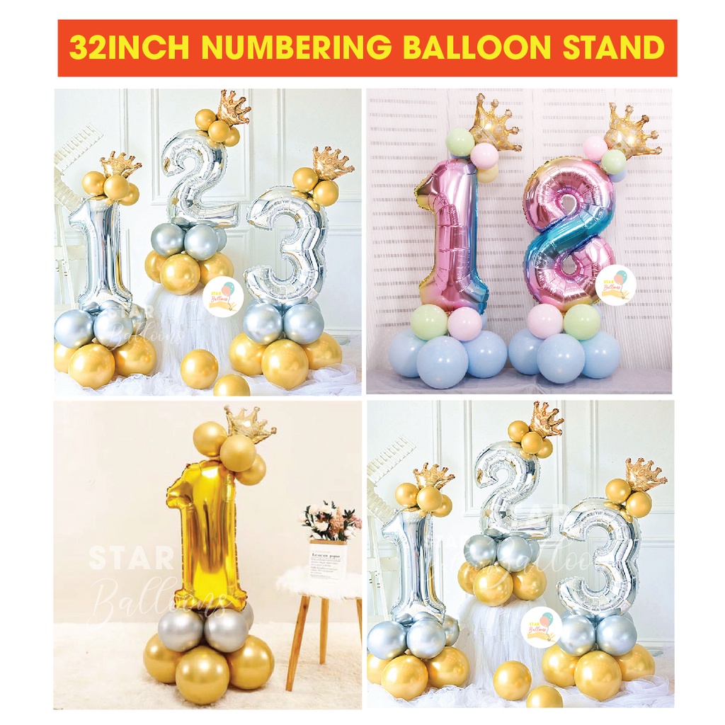 ( Ready stock ) 32inch Numbering Balloon Stand With Crown Huge Number ...
