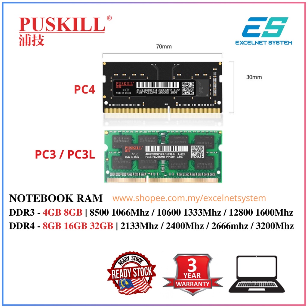 PUSKILL | DDR3 or DDR4 | 4GB/8GB/16GB/32GB | NEW LAPTOP RAM | Shopee ...