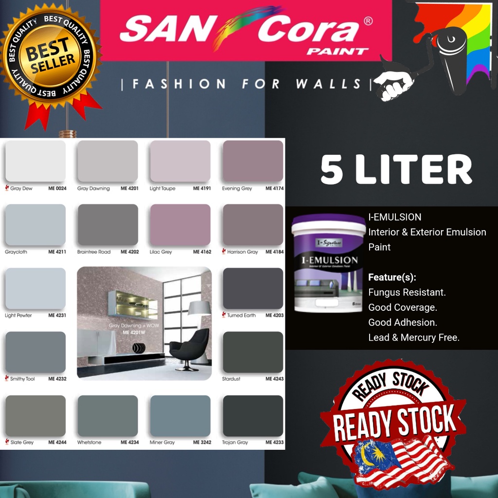 SINAR SANCORA I-EMULSION PAINT 5 LITER ELEGANCE GREY INTERIOR WALL MATT/ CAT DINDING DALAM RUMAH ...