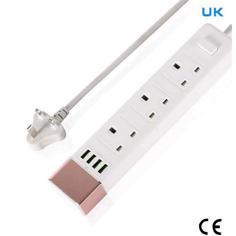 Plug Electric Socket UK Type Power Extension Lead 3 Outlet 4 USB Smart ...