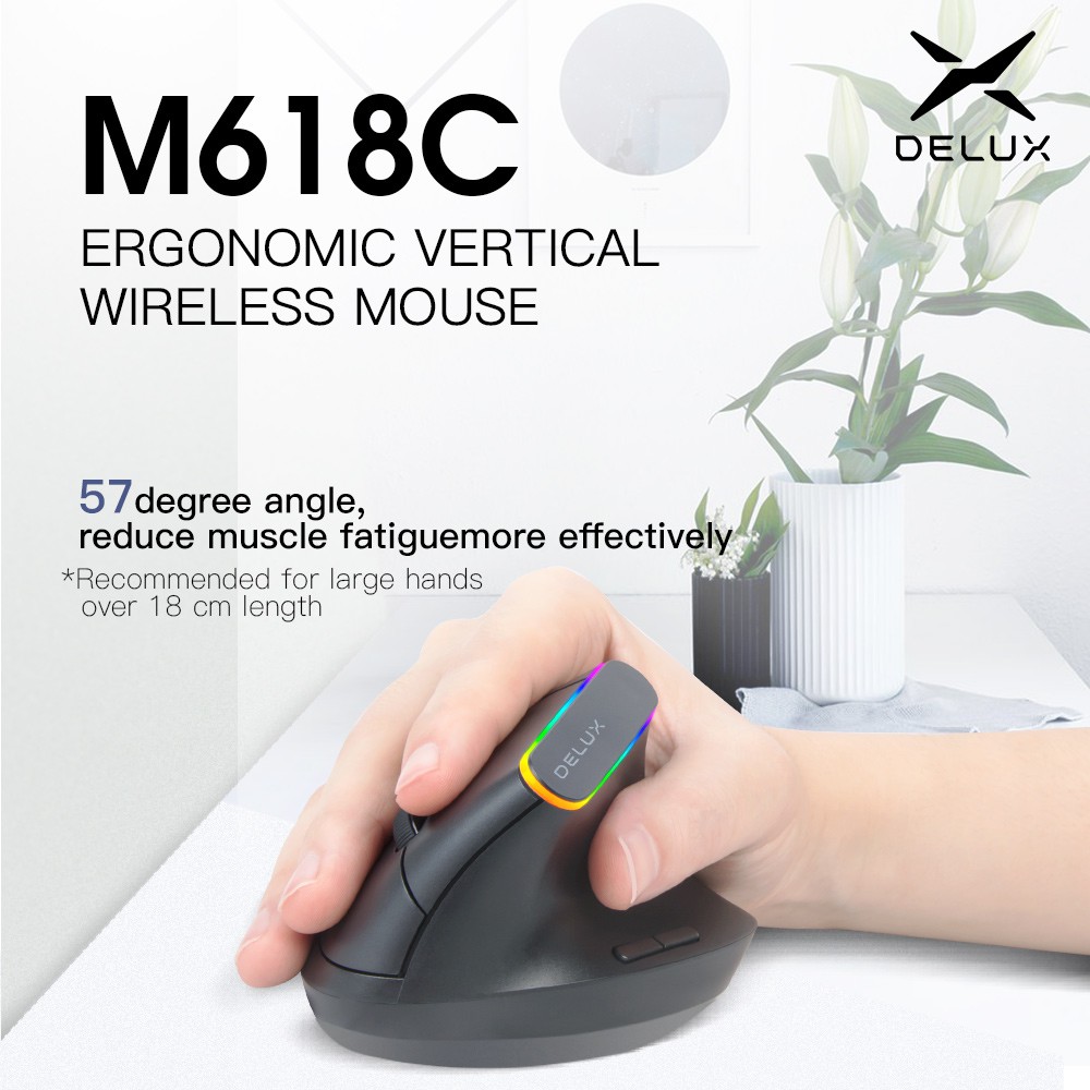 DELUX M618C Ergonomic Vertical Mouse Wireless 2.4GHz 6 Buttons Gaming Mouse RGB 1600 DPI ...