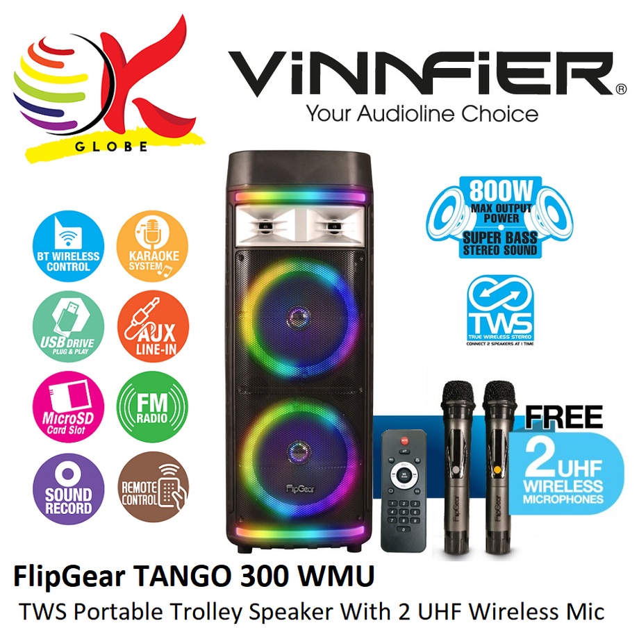 VINNFIER FLIPGEAR TANGO 300 WMU 2021 TWS BLUETOOTH PORTABLE TROLLEY SPEAKER WITH 2 UHF WIRELESS ...
