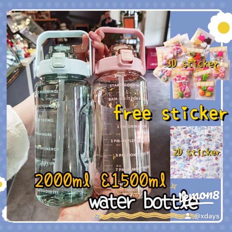 READY STOCK 🇲🇾 -1500/2000ml 3D sticker water bottle/tumble/with straw /2000ML水瓶/吸管 | Shopee Malaysia