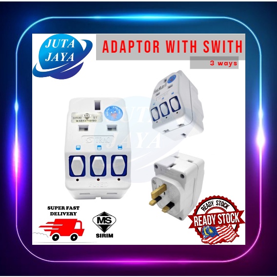3 Way Adapter with Switch Socket Extantion Adaptor Extension Plug ...