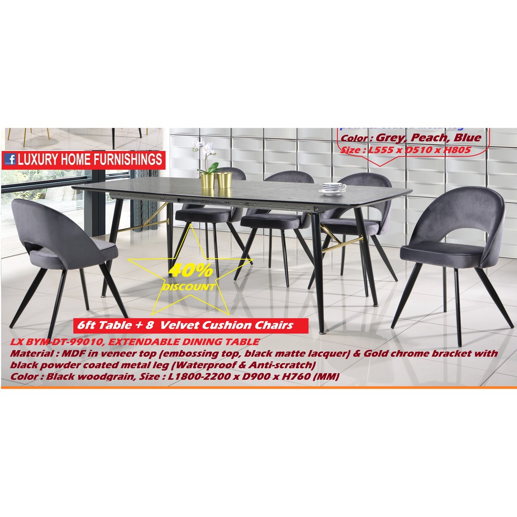 6ft EXTENDABLE VENEER TOP DINING TABLE + 8 UNITS OF VELVET CUSHION ...