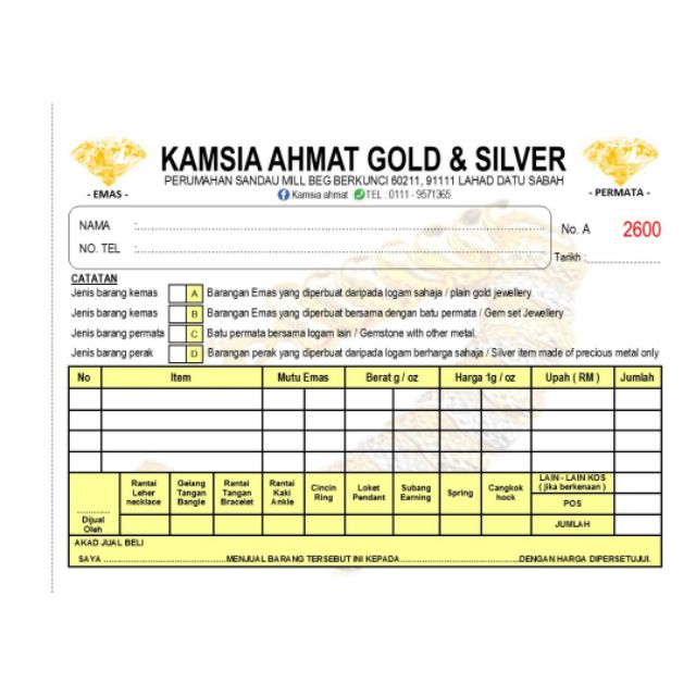 Buku Resit Emas Warna 1 biji boleh letak nama syarikat/EMAS/resit emas ...