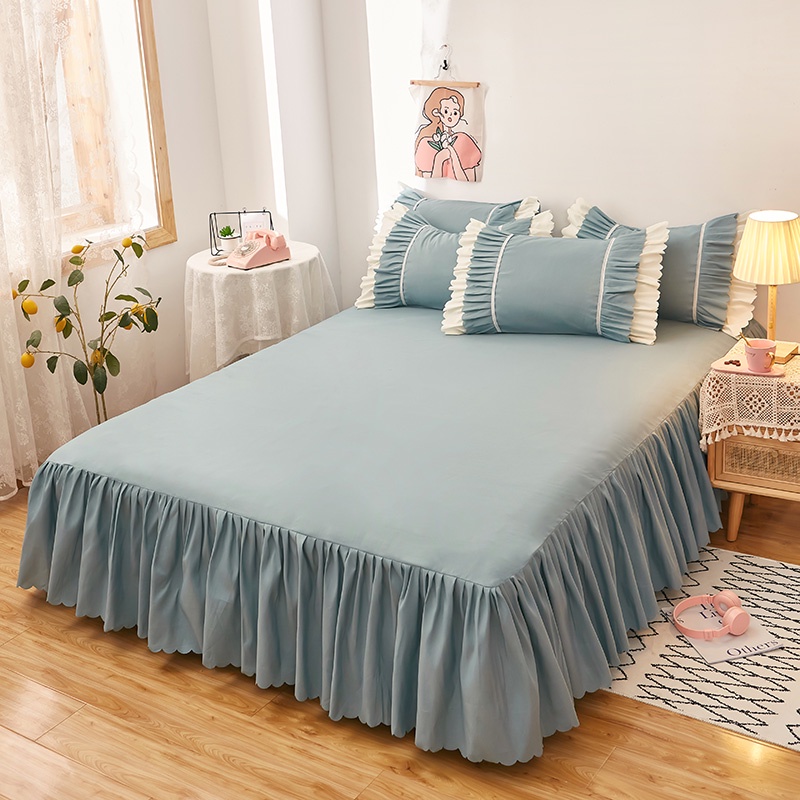 (10 Color) Bedsheet with Skirt Brushed Bed Sheet Elastic Lace Skirting ...