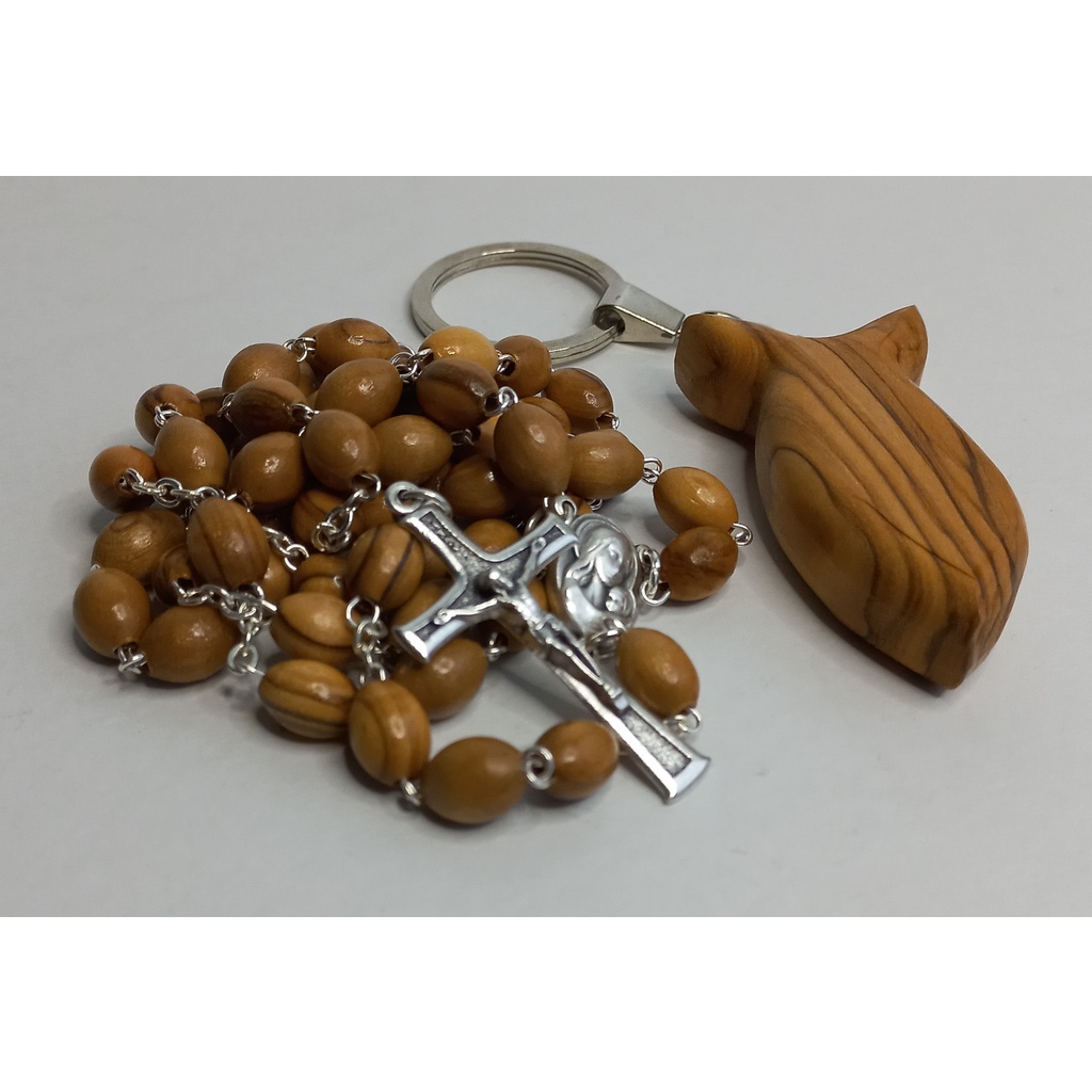 Pair of Olive Wood Chain Rosary with Holy Soil+Olive Wood Jesus Fish ...
