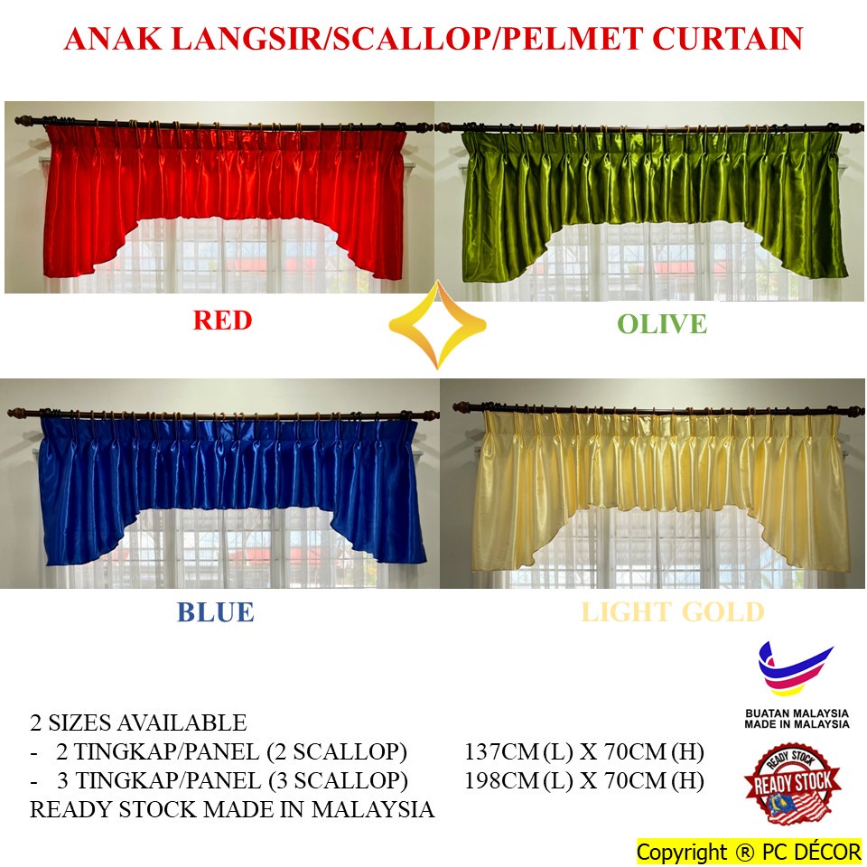 Half Pelmet Kain Satin Cangkuk Anak Langsir Scallop Curtain Langsir ...