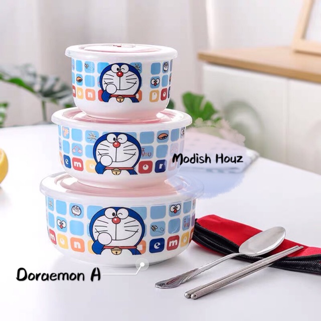 (NEW READY STOCK) Doraemon Ceramic Bowl 3 pcs/set (Incl covers ...