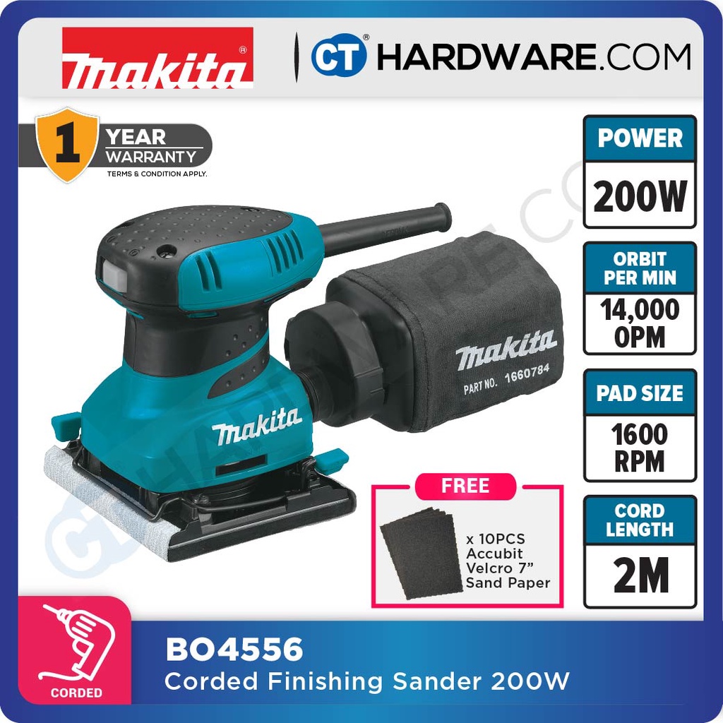 MAKITA BO4556 CORDED FINISHING SANDER 200W | 112x102MM | 14000 OPM | CORD 2.0M FREE 10PCS SAND ...