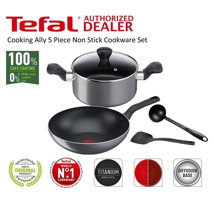 Tefal Cooking Ally 5 Piece Non Stick Cookware Set B505S5 Spatula Ladle Deep Fry Pan Pot Wokpan ...