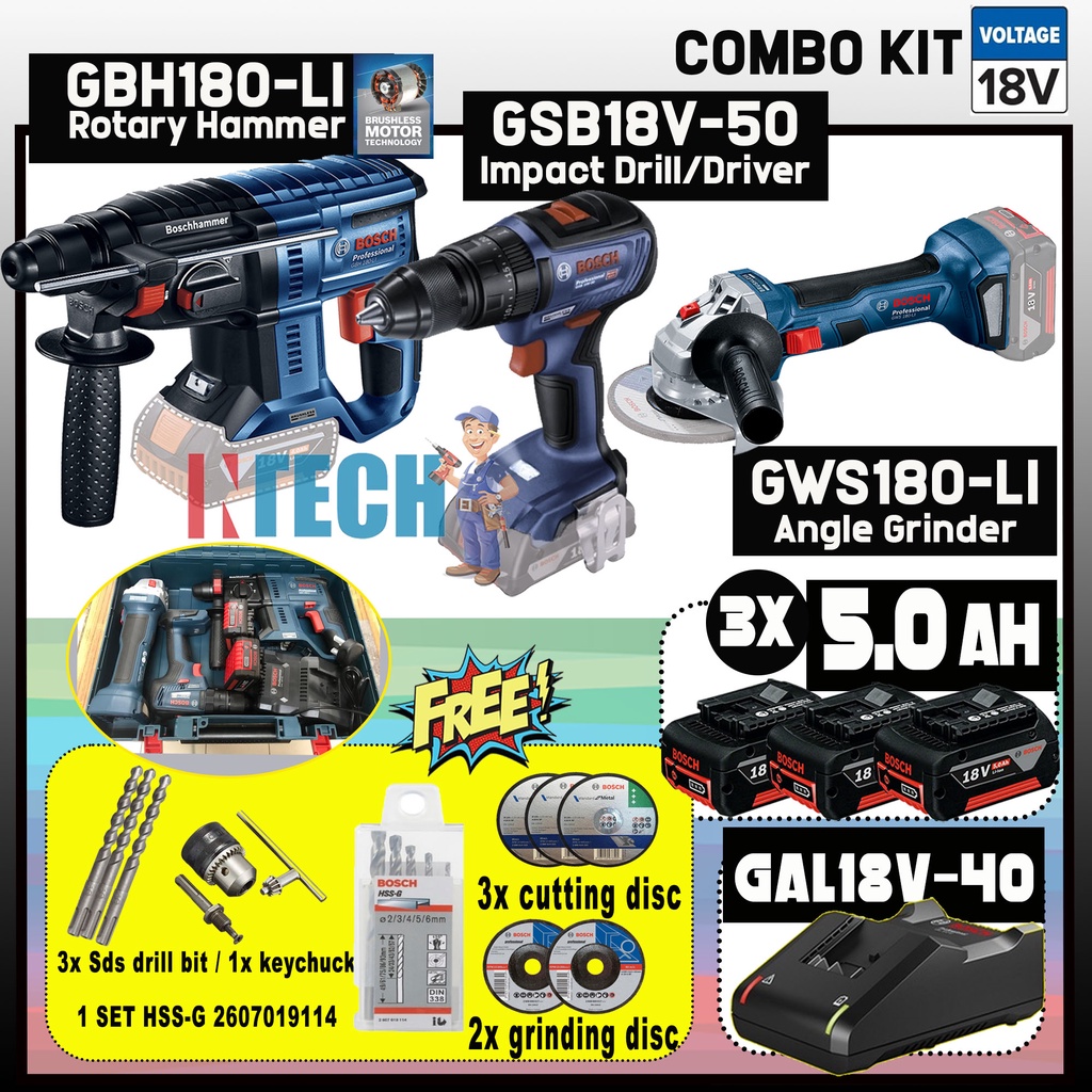 BOSCH COMBO 18V CORDLESS GBH180-LI ROTARY HAMMER + GWS180-LI ANGLE ...
