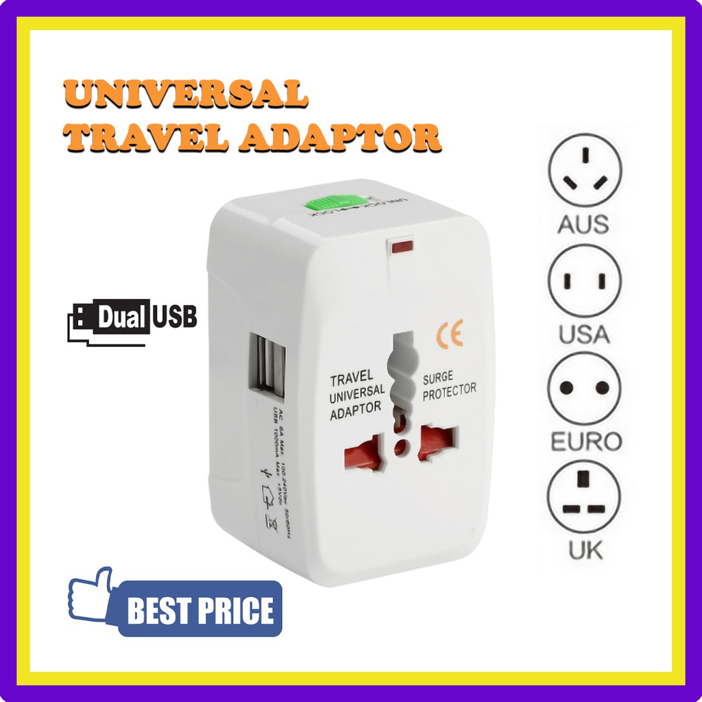 Universal International Plug Adapter 2 USB Port World Travel AC Power ...