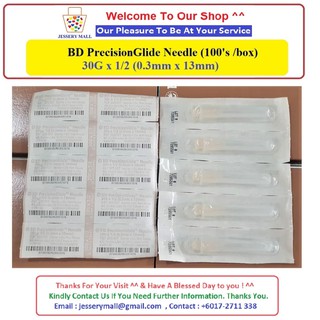 BD PrecisionGlide Needle 30G x 1/2 (0.3mmx13mm)Single Use - 100Pcs/Box ...