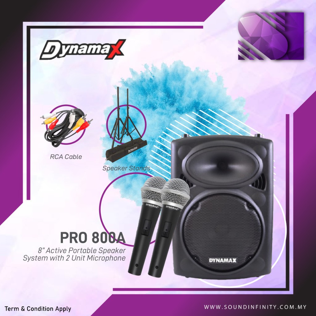 Dynamax PRO800A 8 Inch Portable Active Speaker with 2 Units Microphone ...
