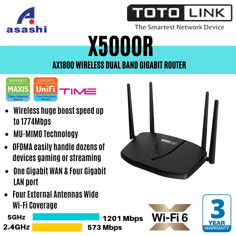 TOTOLINK X5000R AX1800 WiFI 6 Dual Band Gigabit Network Router (Support Unifi , Maxis & TIME ...