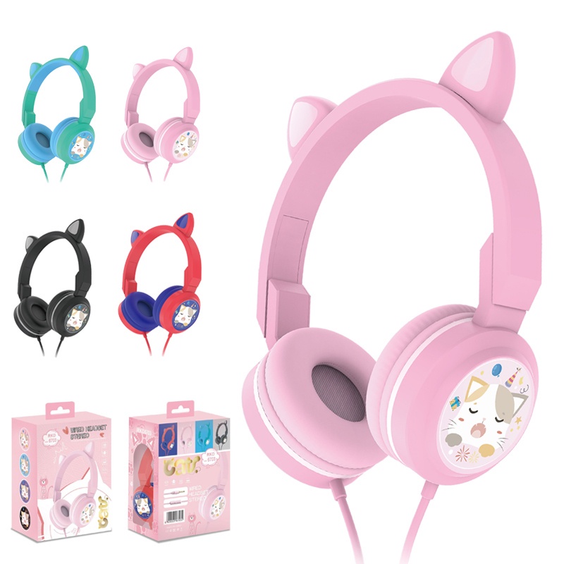 Cute Cat Ears Kids Headphone with Mic Can Control Wired Headphone ...