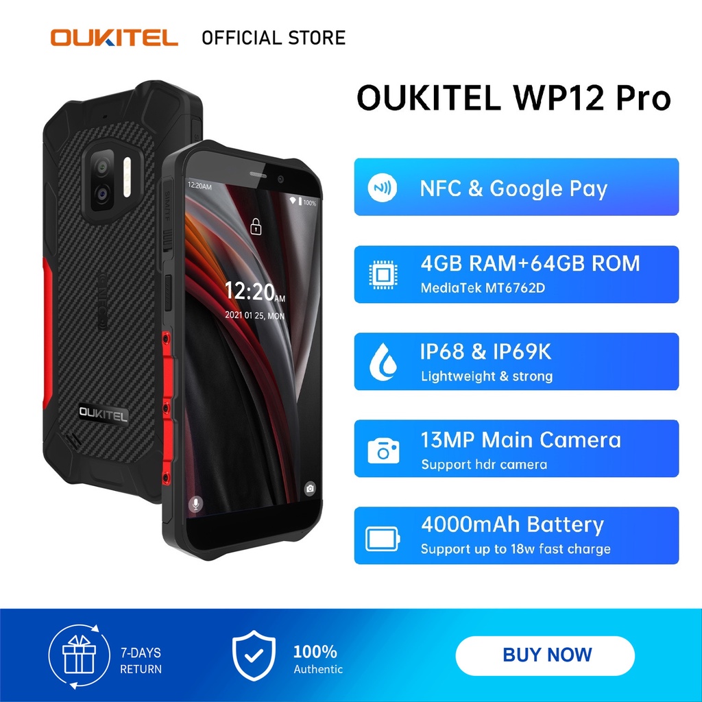 OUKITEL WP12 Pro Rugged Handphone (IP68/69K/5.5" HD+/4GB+64GB/Android 11/Helio A20/Quad Core ...