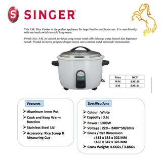 Singer RC36A Electric Rice Cooker 3.6L 8- 20 Orang Nasi Periuk Jenama ...