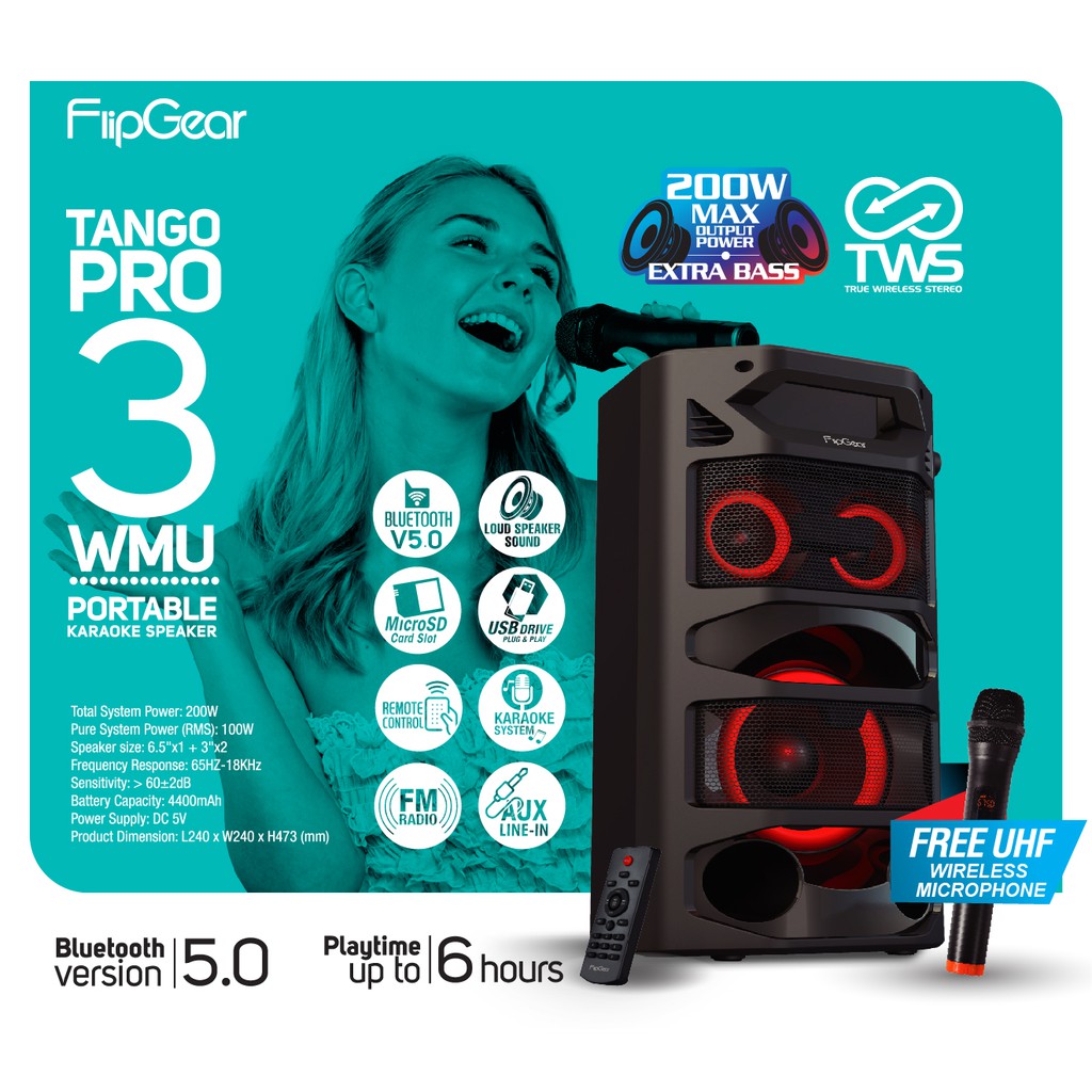 VINNFIER FlipGear Tango Pro 3 WMU Portable Wireless Bluetooth Karaoke Speaker System / Free 1 x ...