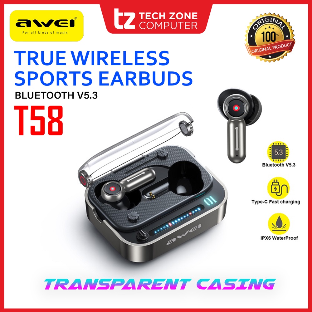 Awei T58 TWS Earbuds Bluetooth V5.3 BT Transparent Case Wireless Gaming ...